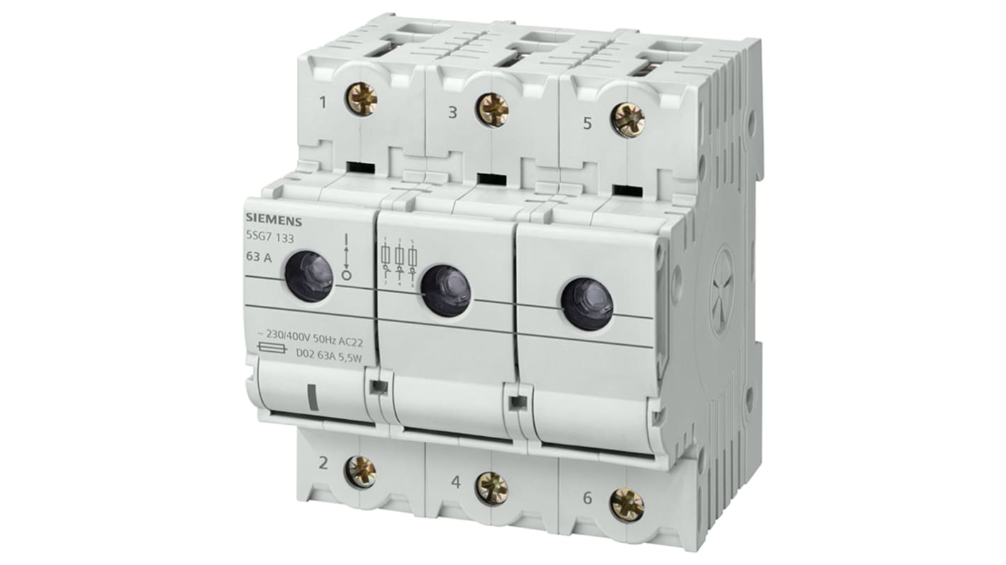 5SG7133 | Siemens 63A Bottle Fuse Holder, 3P, 400V ac | RS