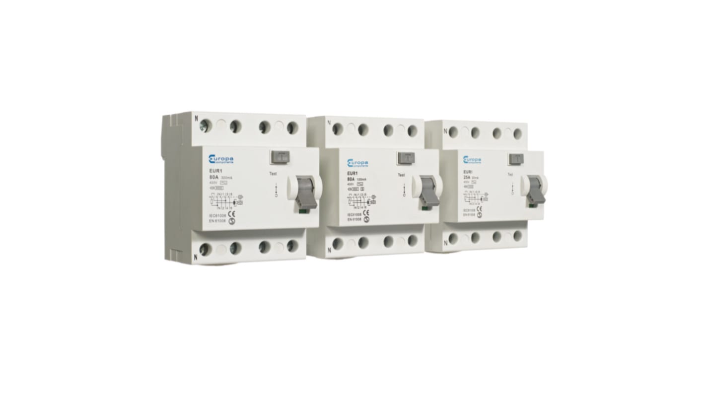 EUR180.30/4A | Europa EUR1 RCCB, 80A, 4 Pole, 30mA, Type A, 230V ac | RS