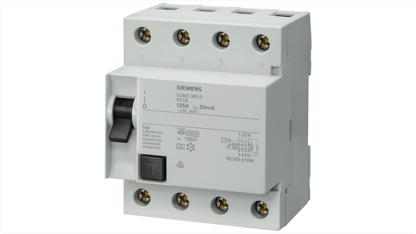 5SM3345-6 | Siemens RCCB, 125A, 4 Pole, 30mA, Type A, 400V ac | RS