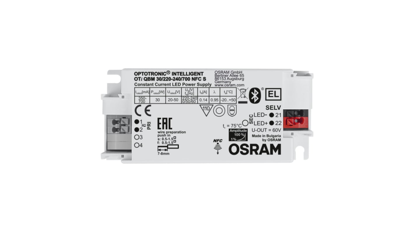 OTi-QBM-30/220-240/700-NFC-S | Osram LED Driver, 300V Output, 30W Output, 700mA Output, Constant ...