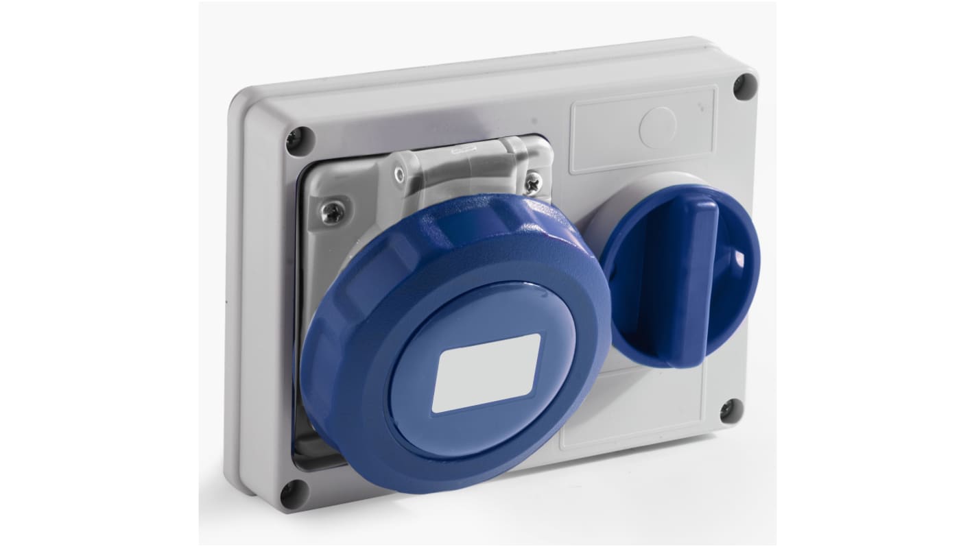 RS PRO IP67 Blue Panel Mount 2P + T Horizontal Industrial Power Socket ...