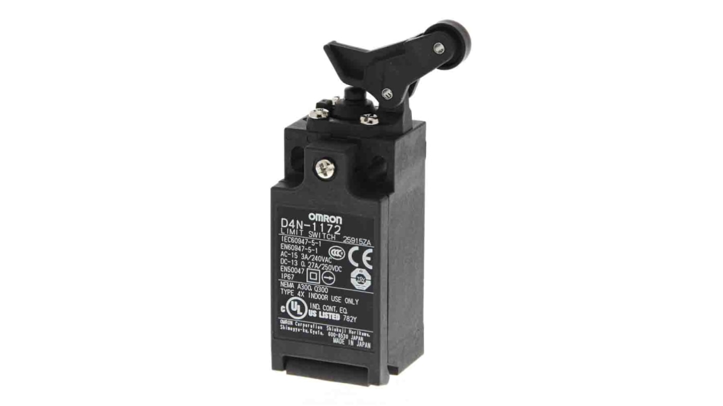 D4N-1172 | Omron Roller Lever Limit Switch, 1NC/1NO, IP67, DPST, Metal Housing, 240V ac Max, 10A ...