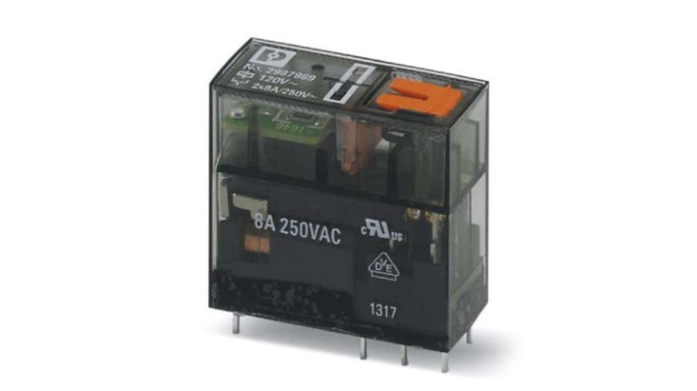 2987969 | Phoenix Contact DIN Rail Non-Latching Relay, 120V ac Coil, 8A ...