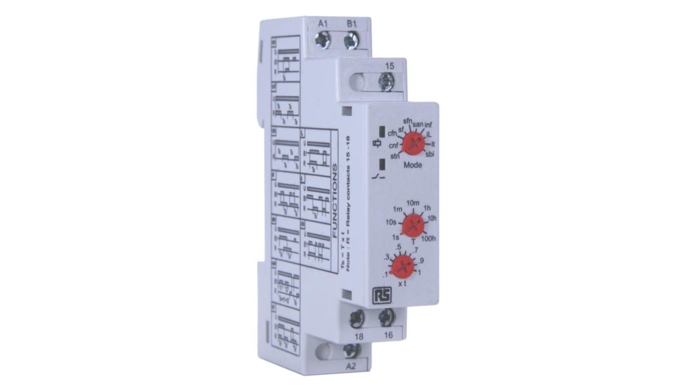 RS PRO DIN Rail Mount Timer Relay, 12 → 240V ac, 1-Contact, 0.1s to ...