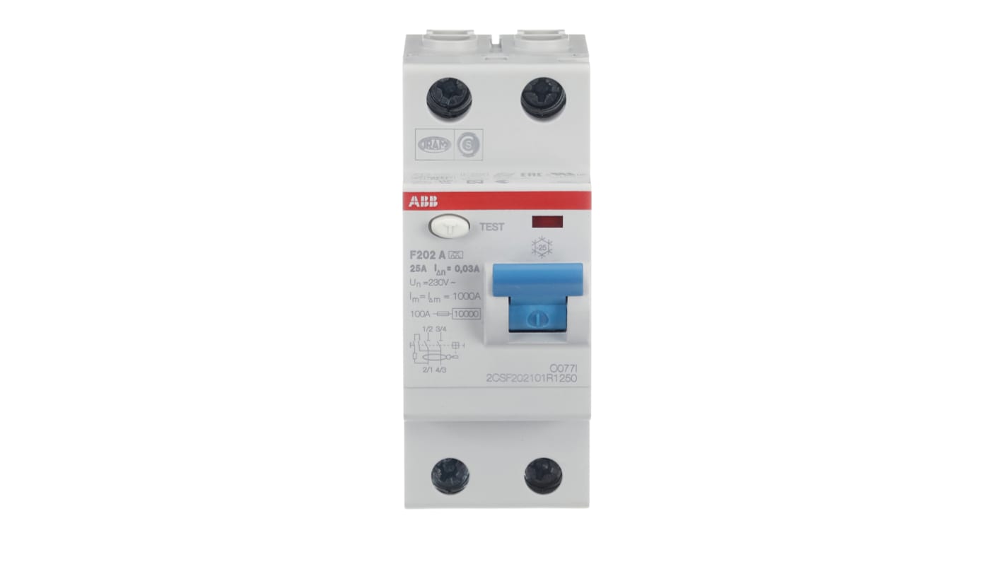 2CSF202101R1250 F202 A-25/0.03 | ABB F202 RCCB, 25A, 2 Pole, 30mA, Type A, 230V ac | RS