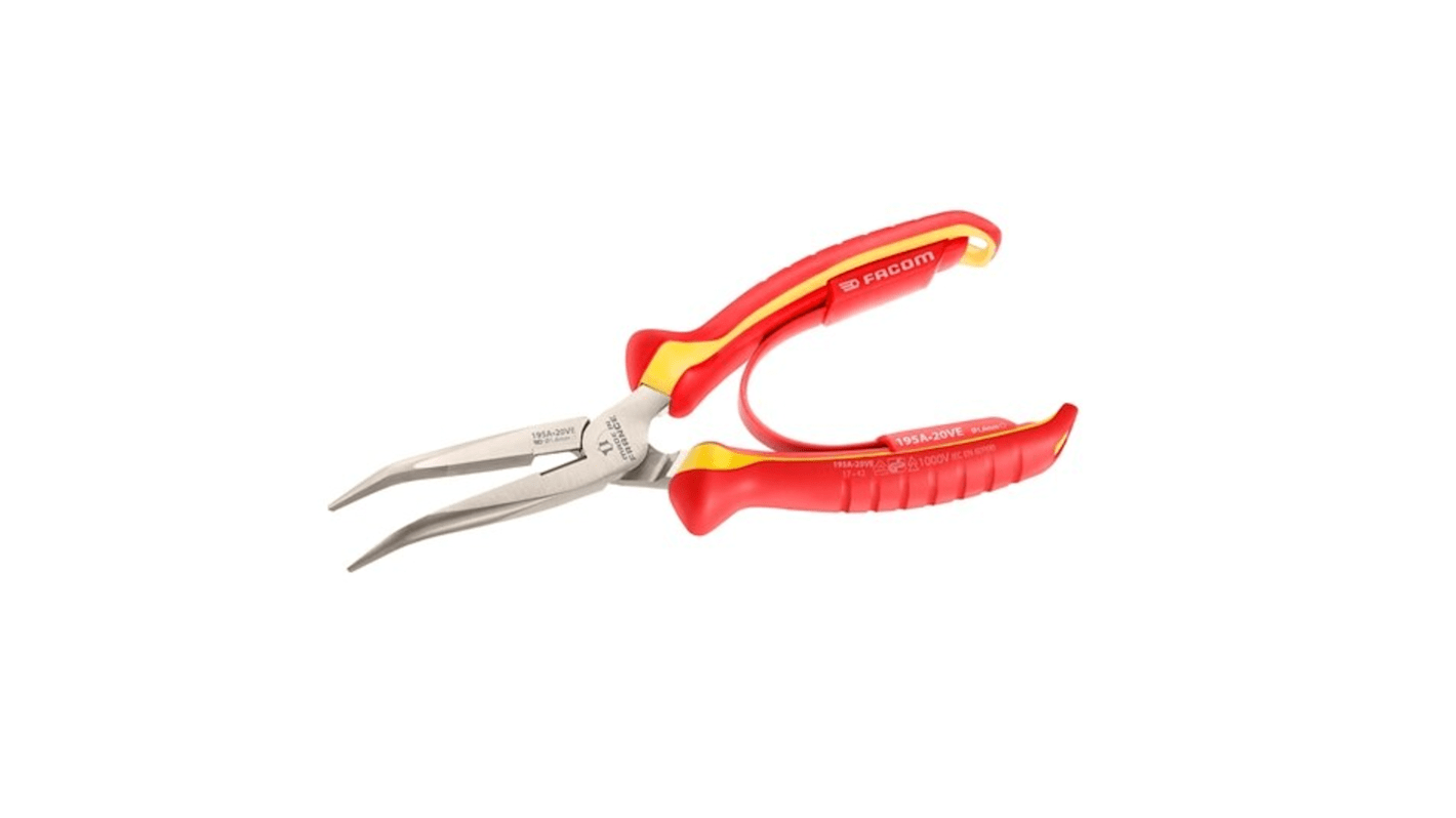 195A.20VE | Facom Round Nose Pliers, 200 mm Overall, Angled Tip, VDE/1000V, 69mm Jaw | RS