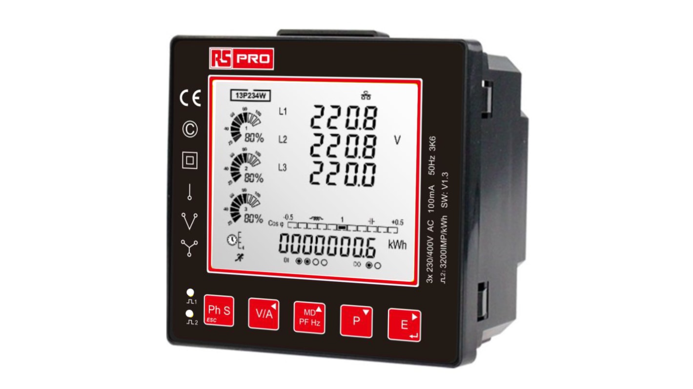 RS PRO 1, 3 Phase Backlit Energy Meter, Type Energy Meter | RS