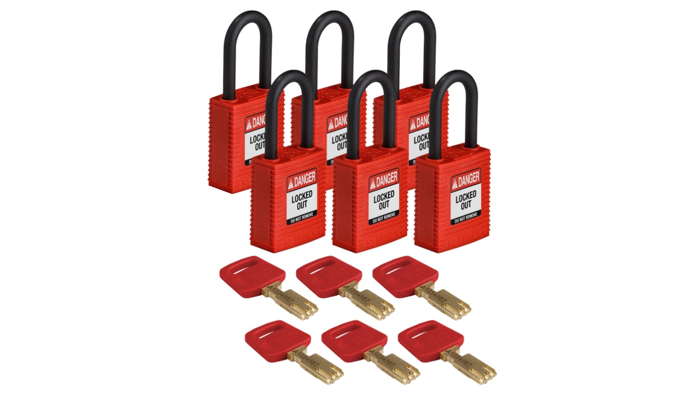 NYL-RED-38PL-KD6PK | Brady Key Weatherproof Safety Padlock, 6.35mm ...