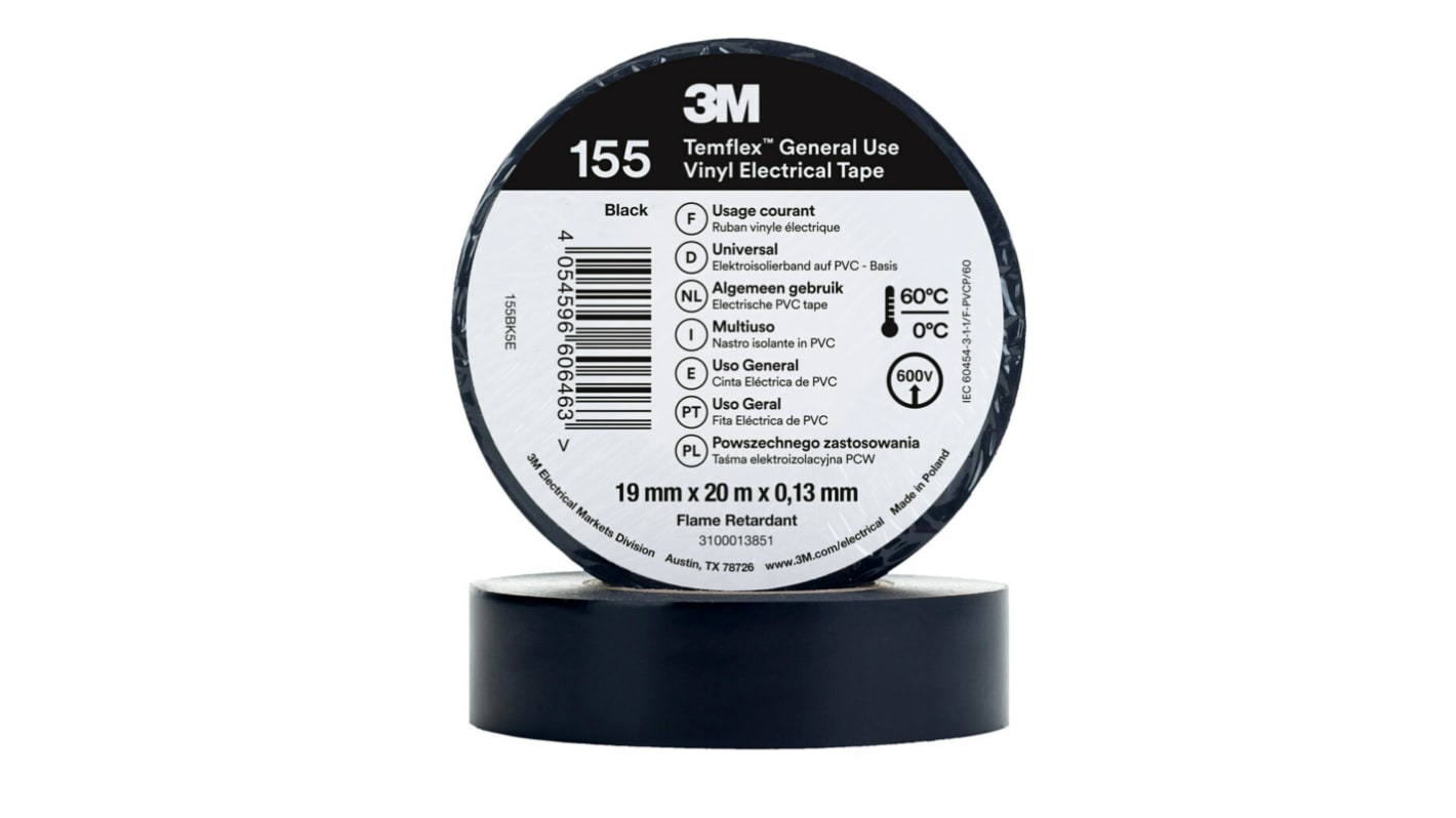3M 155 black 19mm x 20m | 3M Temflex 155 Black Vinyl Electrical Tape ...