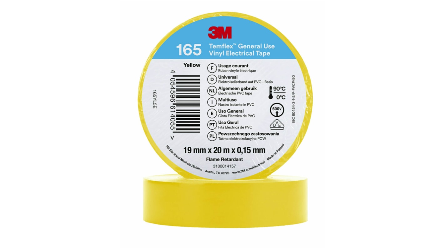 3M 165 yellow 19mm x 20m | 3M Temflex Yellow Vinyl Electrical Tape ...