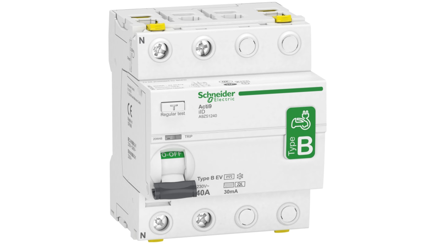 A9Z51240 | Schneider Electric iID RCCB, 40A, 2 Pole, 30mA, Type B-EV, 230V ac | RS