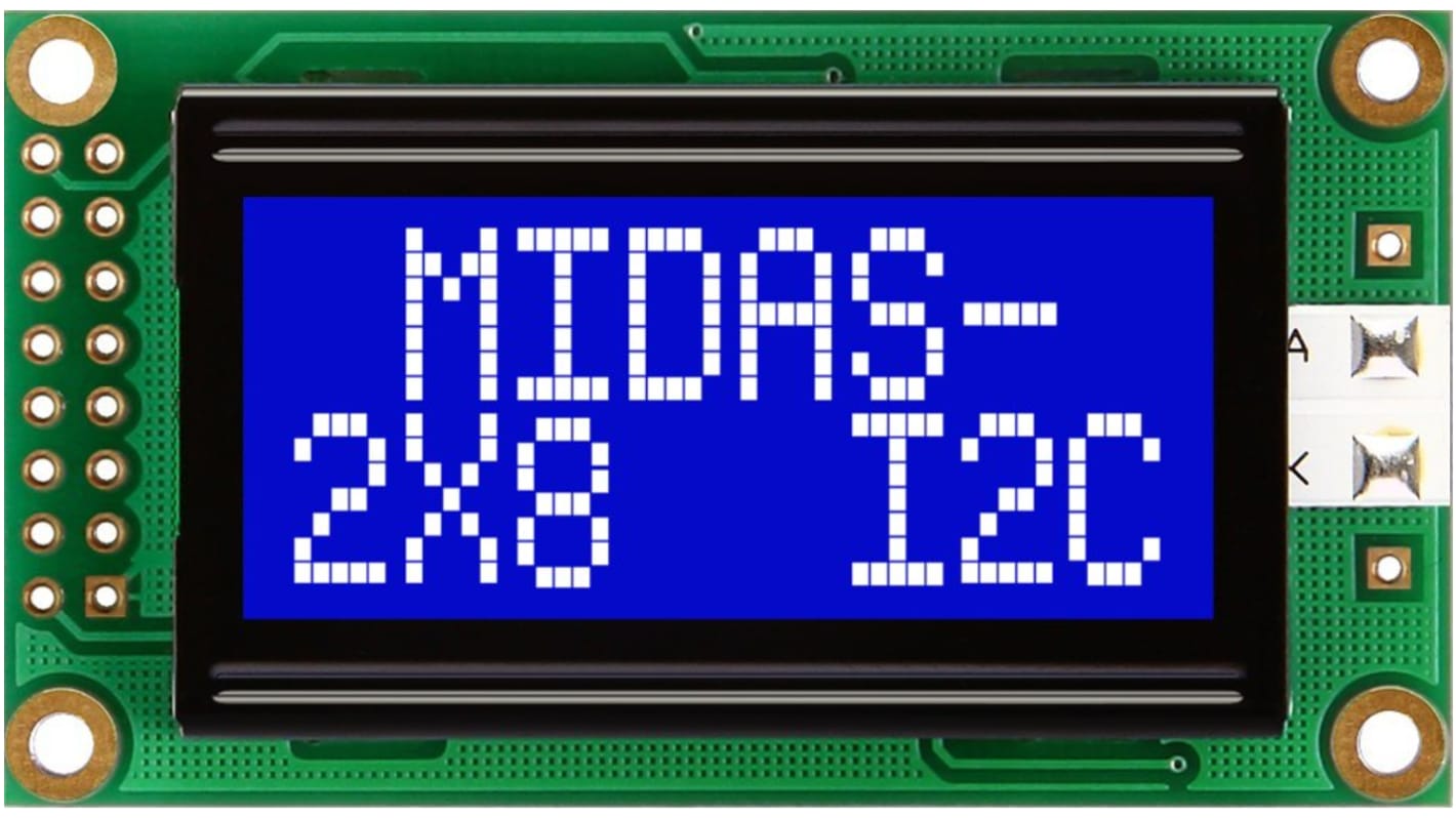Midas MC20805A6W-BNMLWI-V2 Alphanumeric LCD Alphanumeric Display, 2 Rows by 8 Characters | RS