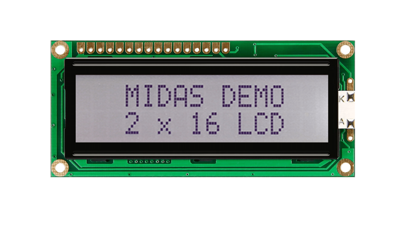 Midas MC21605C6W-FPTLWI-V2 Alphanumeric LCD Alphanumeric Display, 2 Rows by 16 Characters | RS