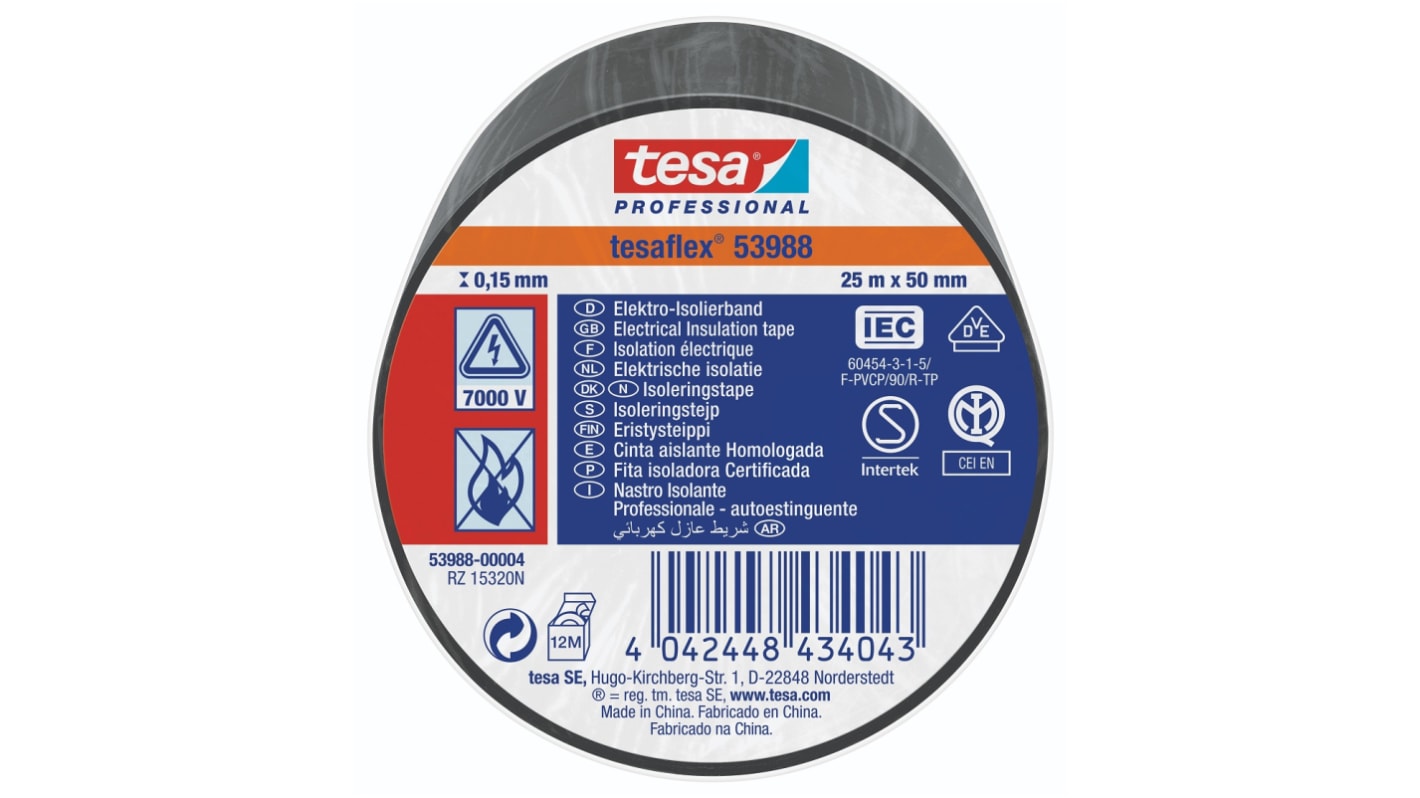 53988-00004-00 | Tesa Black PVC Electrical Insulation Tape, 50mm x 25m | RS