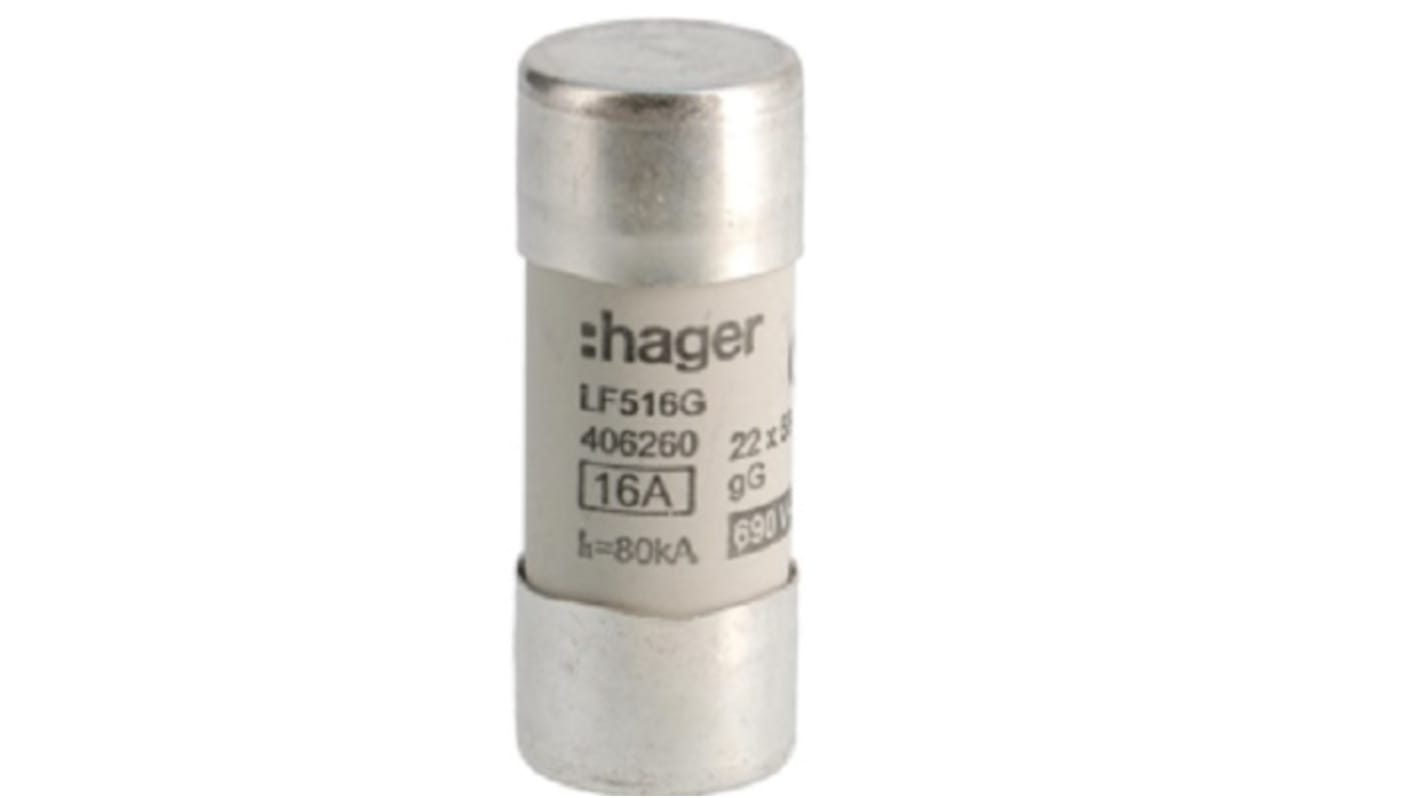 LF516G | Hager 16A Cartridge Fuse, 22.2 x 58mm | RS