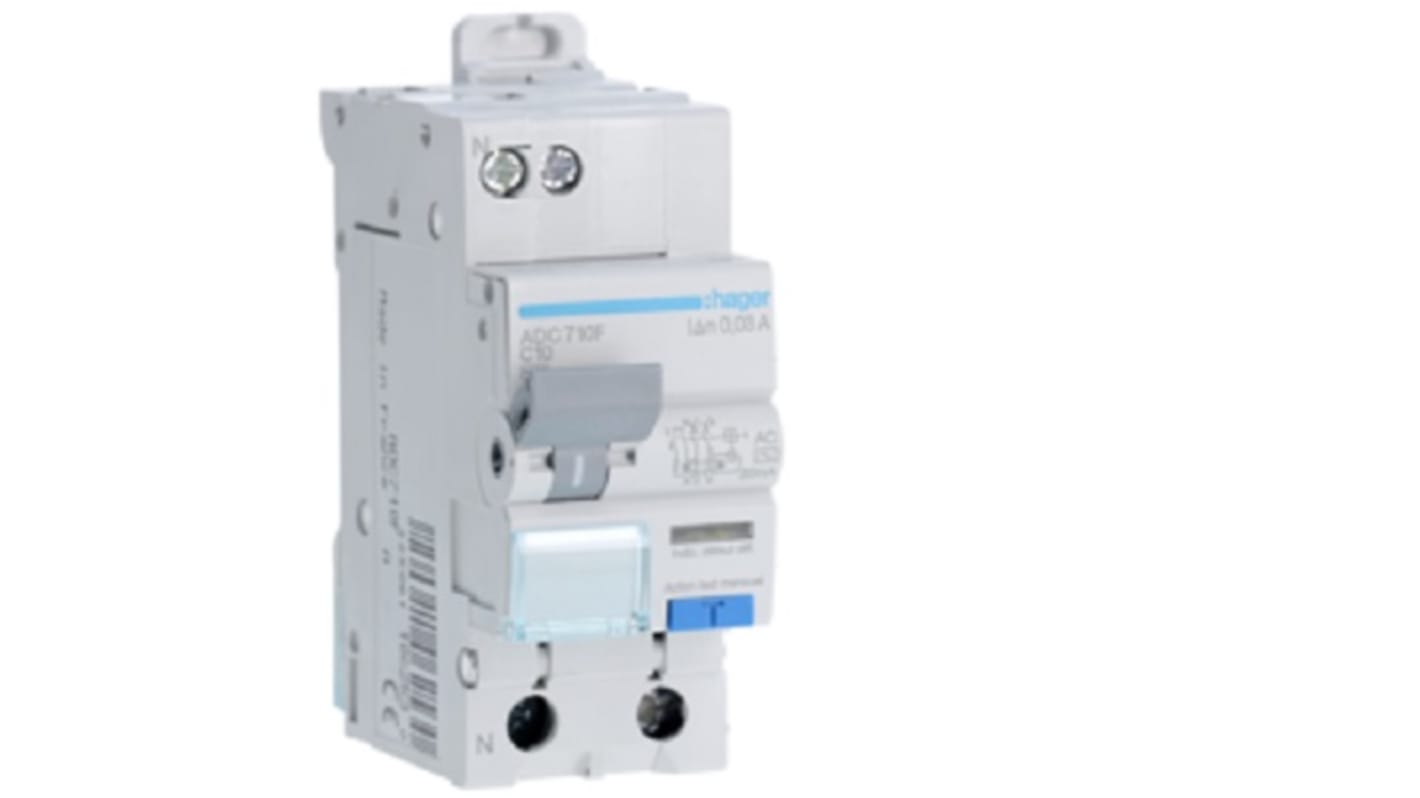 ADC710F | Hager RCBO, 10A Current Rating, 1P Poles, 30mA Trip ...