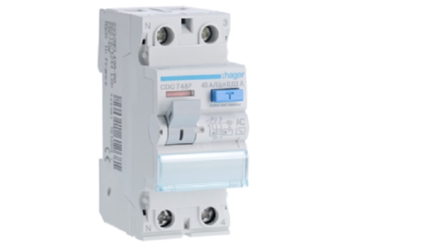 CDC748F | Hager CDC RCD Switch, 40A, 2 Pole, 30mA, Type AC, 230V | RS