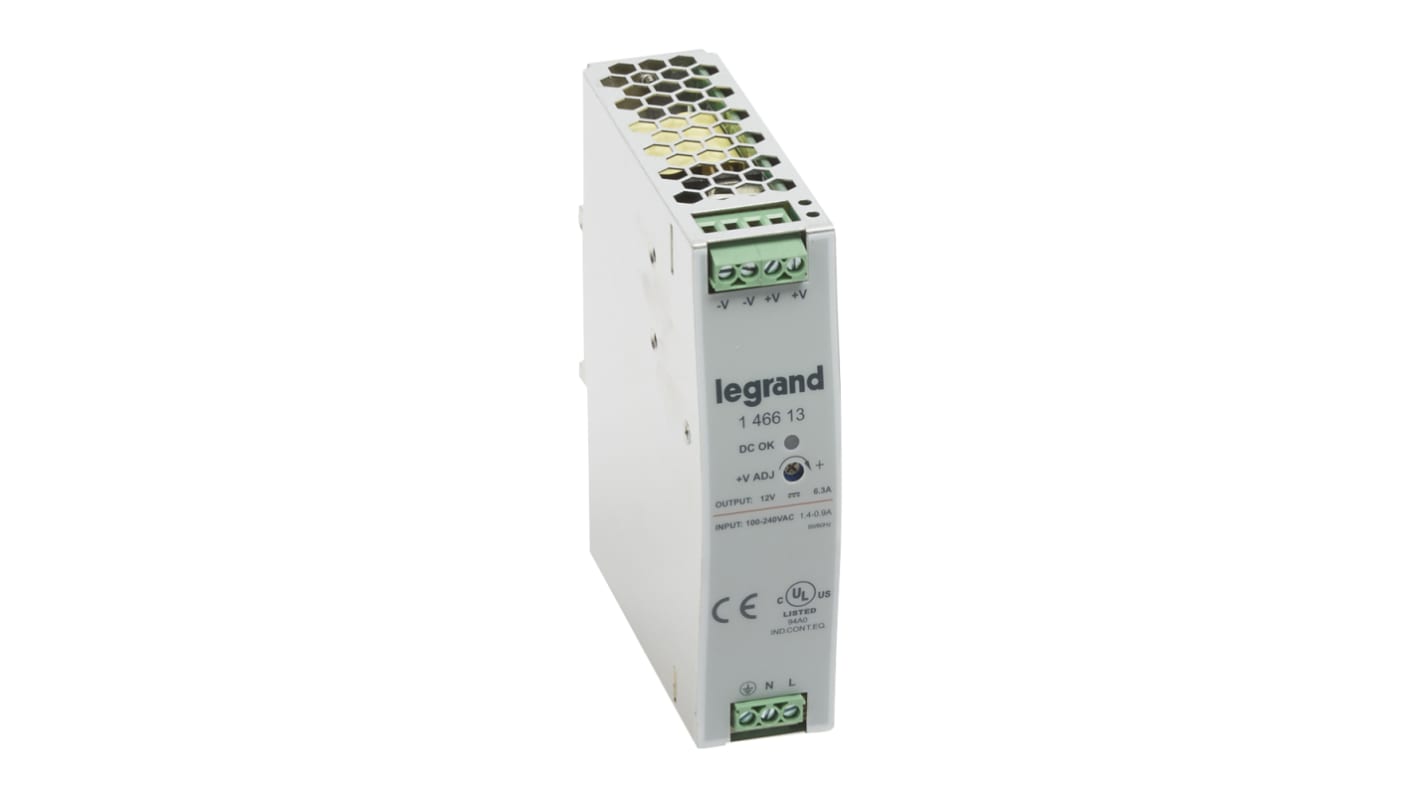 Legrand Switching Power Supply, 1 466 13, 12V dc, 6.3A, 75W, 100 → 240V ...