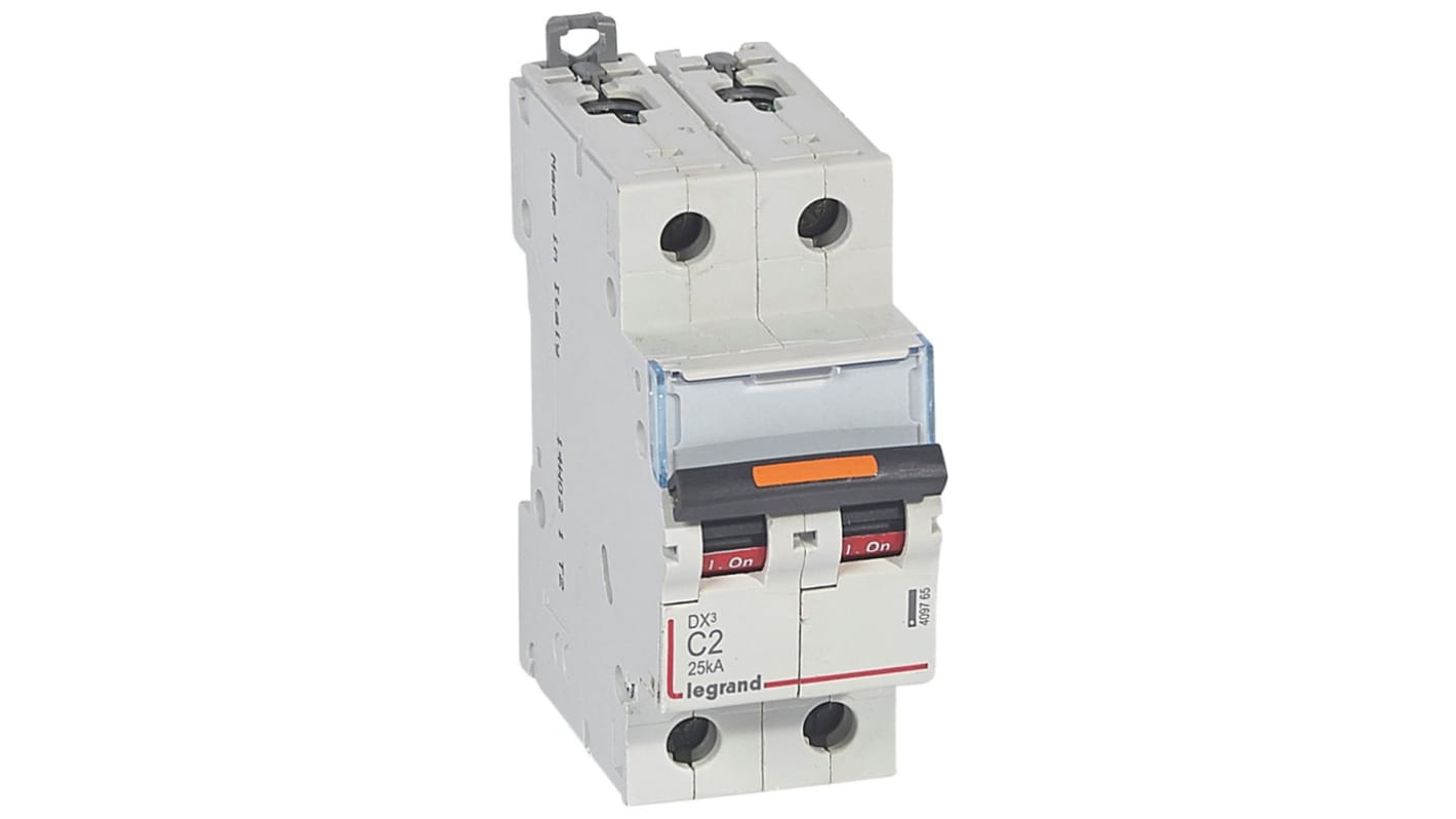 409765 | Legrand DX3 Circuit Breaker, 2P, 2A Curve C, 400V AC, 25 kA Breaking Capacity | RS