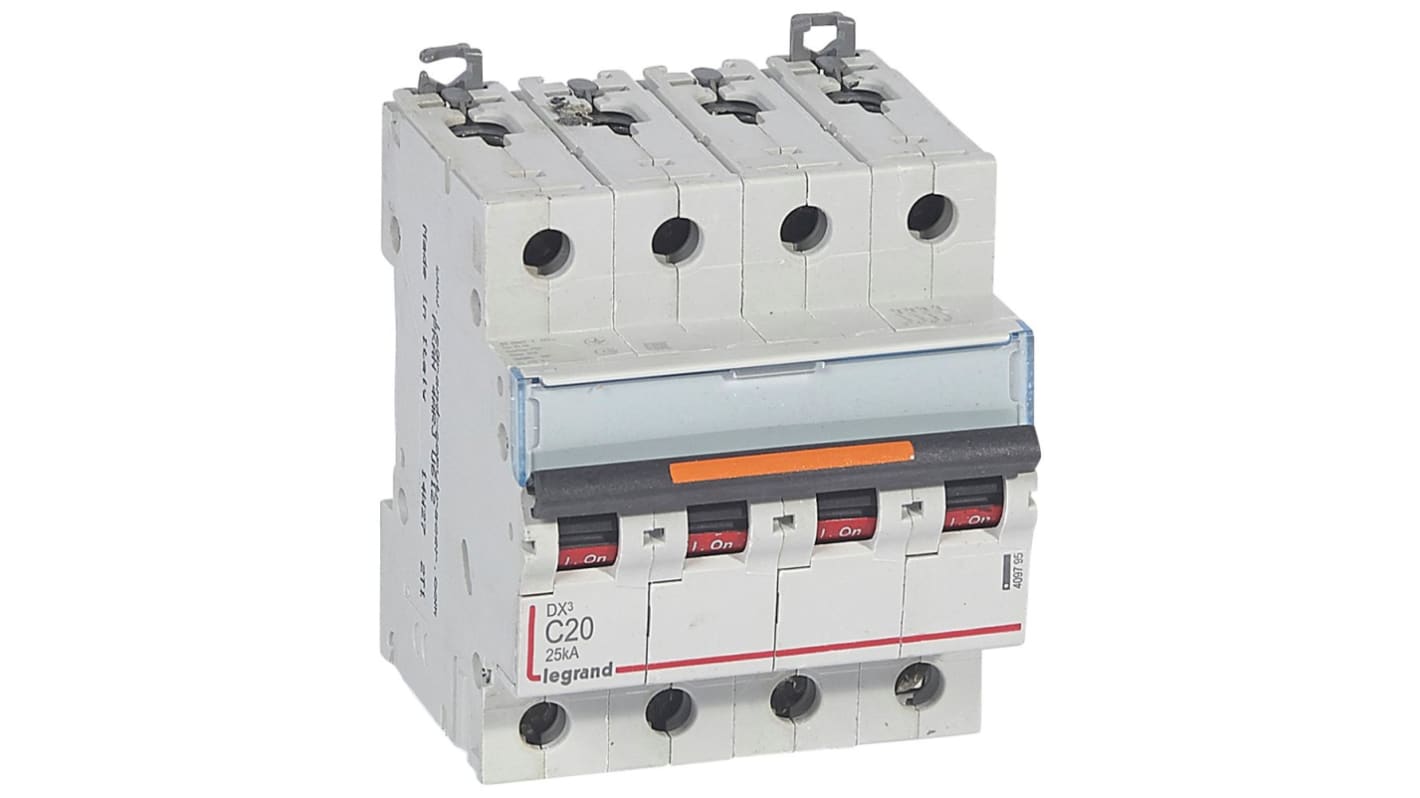 409795 | Legrand DX3 Circuit Breaker, 4P, 20A Curve C, 400V AC, 25 kA Breaking Capacity | RS