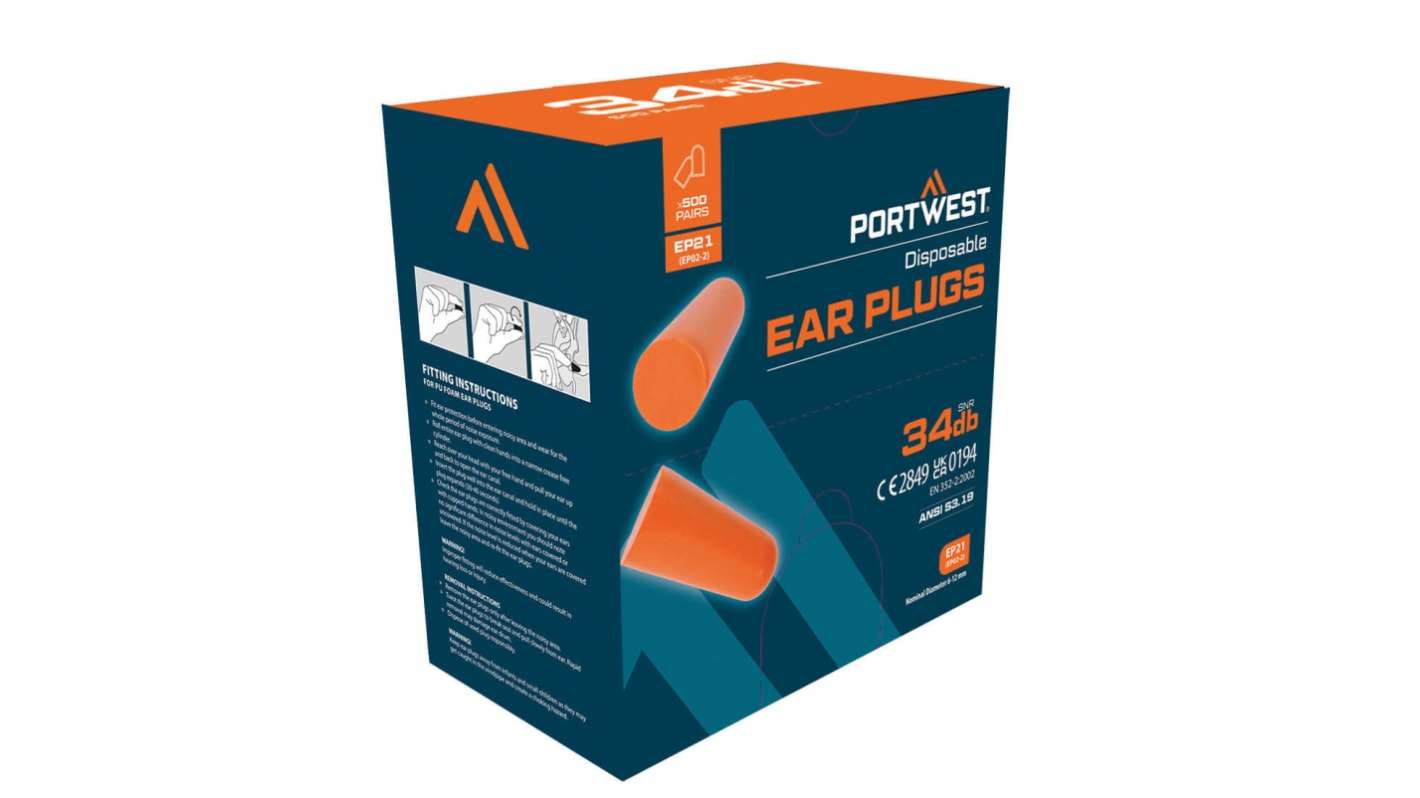 EP21 | Portwest EP Series Orange Disposable Uncorded Ear Plugs, 34dB ...