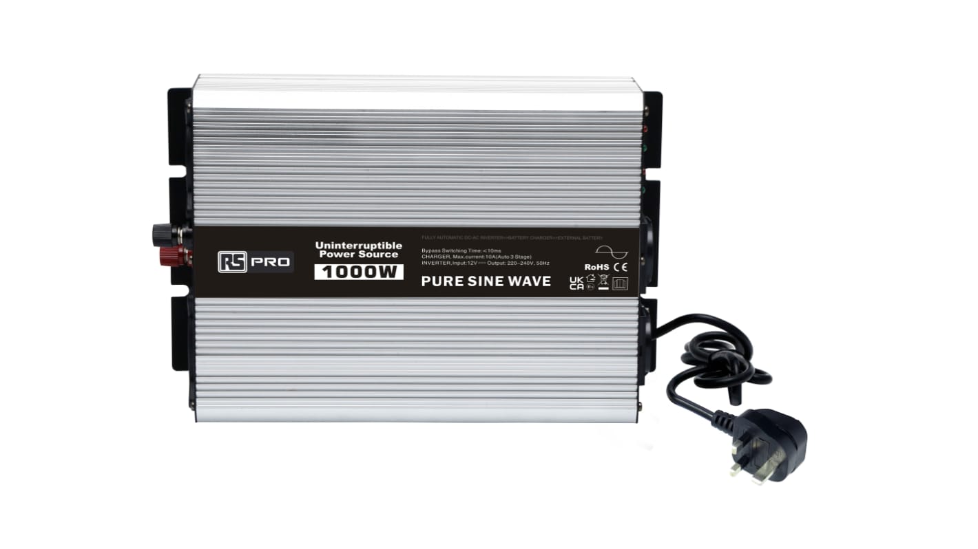 RS PRO Pure Sine Wave 1000W Fixed Installation DC-AC Power Inverter, 12V dc Input, 230V ac ...