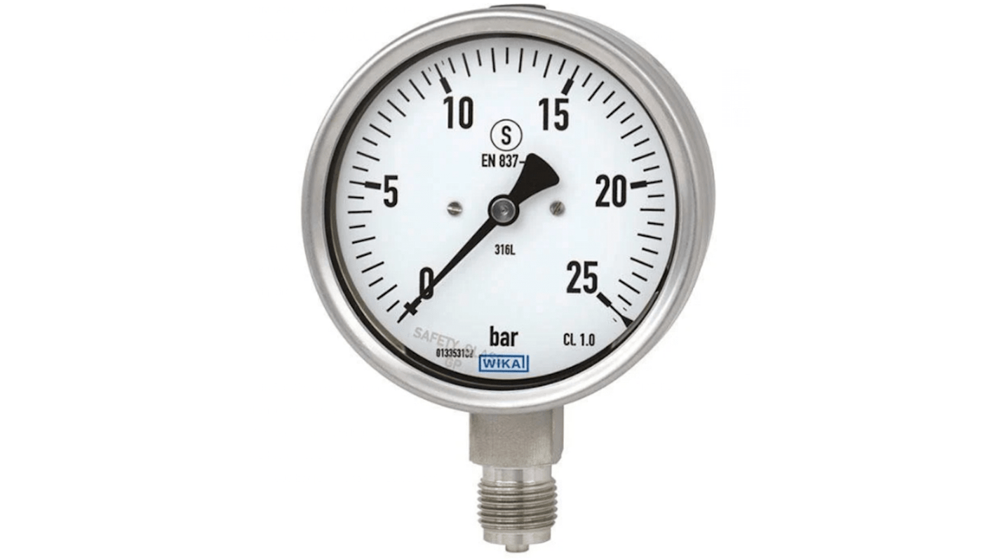 WIKA NPT 1/2 Analogue Pressure Gauge 25bar Bottom Entry, 48717267, 0bar ...