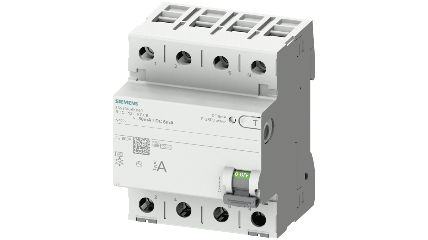 5SV3344-6KK60 | Siemens RCCB, 40A, 4 Pole, 30mA, Type A, 400V | RS