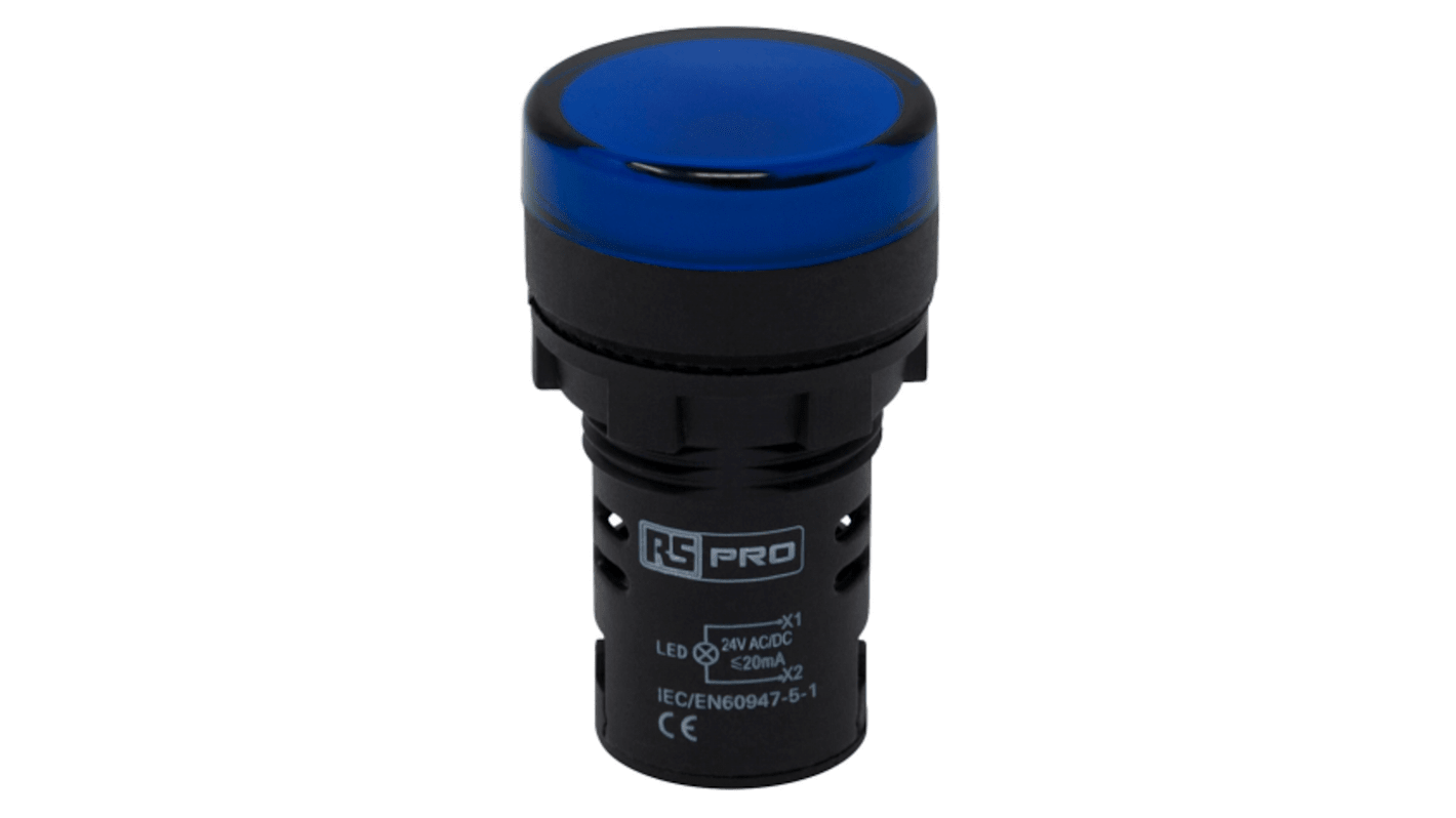 RS PRO, Panel Mount Blue LED Pilot Light, 22mm Cutout, IP65, Round, 24V ...