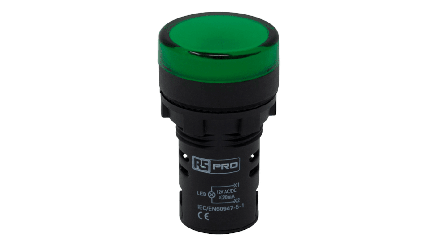 RS PRO, Panel Mount Green LED Pilot Light, 22mm Cutout, IP65, Round ...