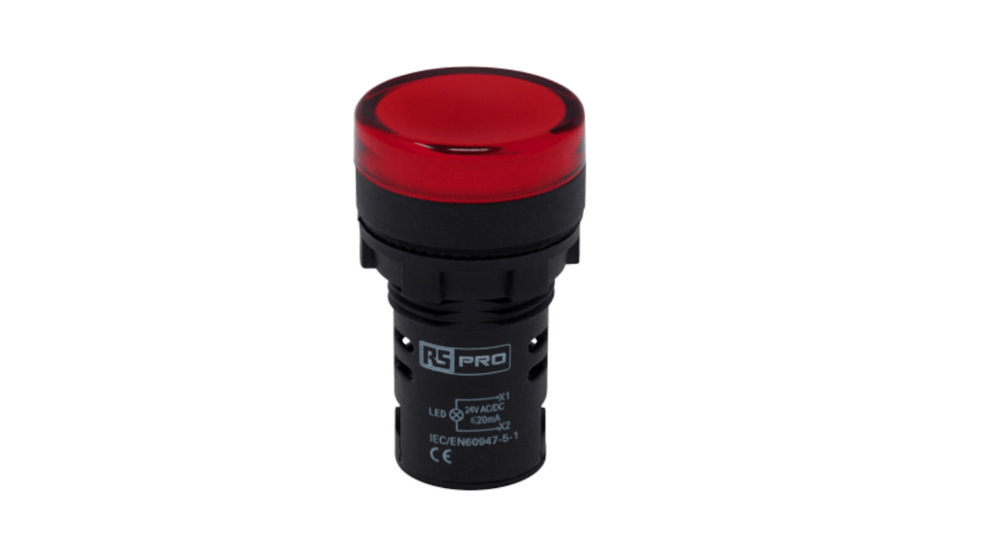RS PRO, Panel Mount Red LED Pilot Light, 22mm Cutout, IP65, Round, 24V ...