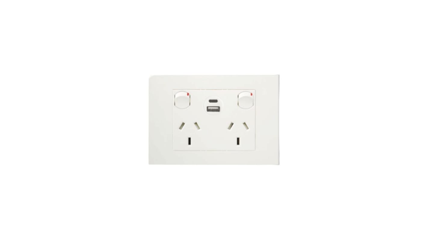EV777USB2ACWE | HPM White 2 Gang Power Socket, Double Pole Poles, 10A ...