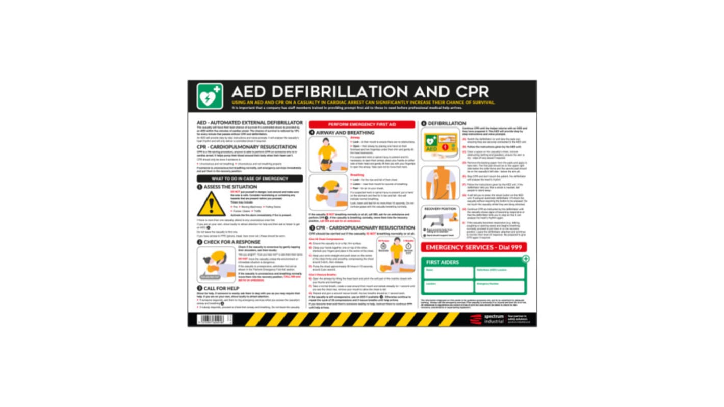 16223 | AED Defibrillation and CPR Safety Poster, PVC, English, 420 mm ...