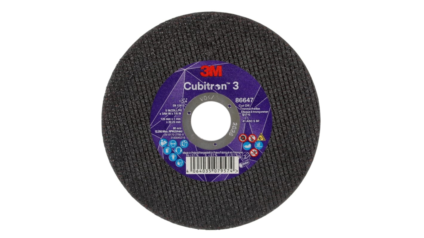 7100304306 | 3M 86647 Cubitron 3 Ceramic Cut-Off Wheel, 125mm Diameter, 60+ Grit | RS