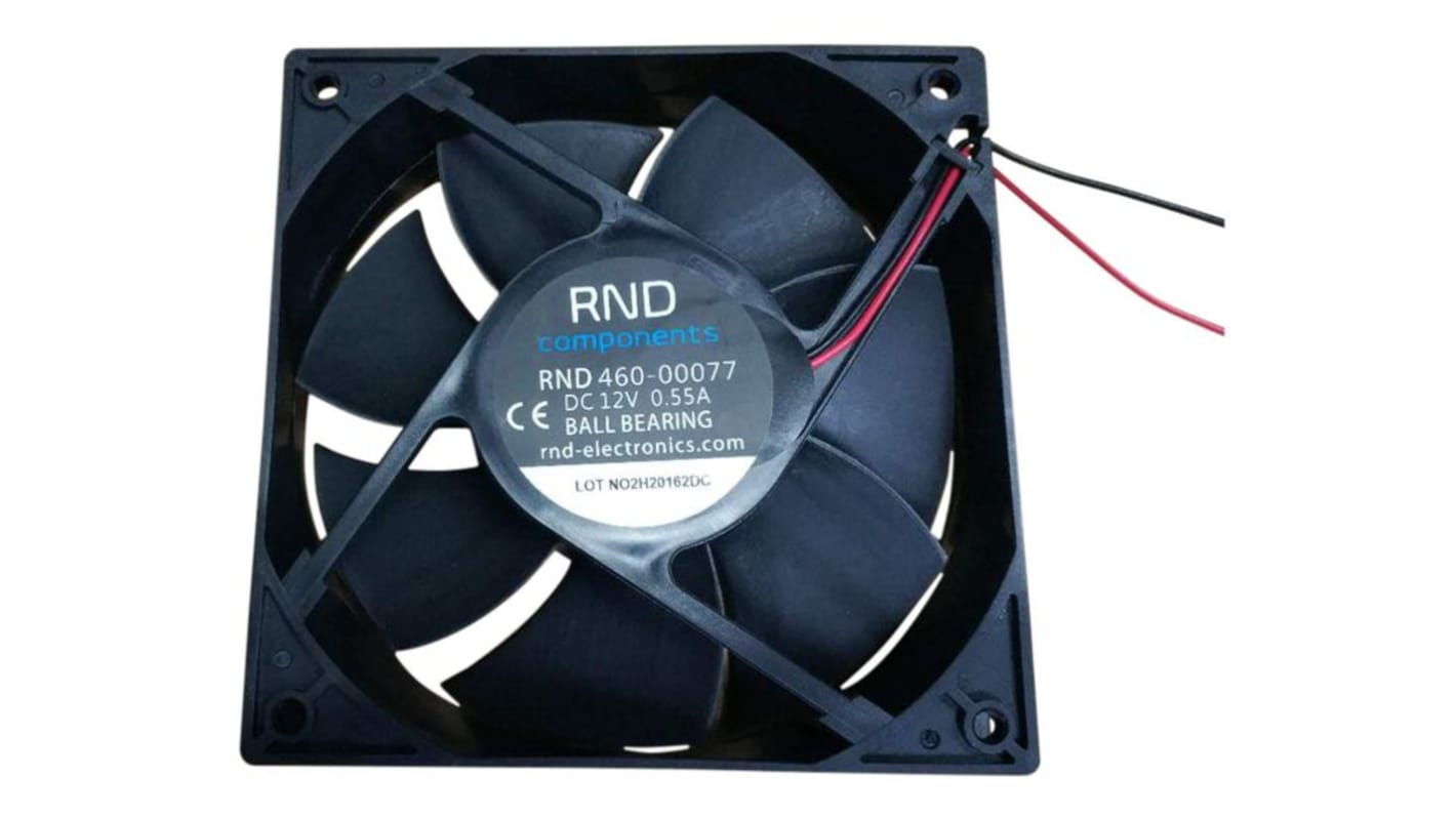RND 460-00077 | RND Axial Fan, 12 V dc, dc Operation, 114.8cfm, 6.6W, 550mA Max, 120 x 120 x ...