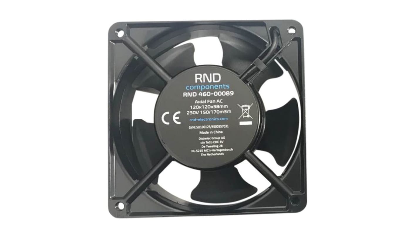 RND 460-00089 | RND Axial Fan, 230 V ac, ac Operation, 94.4cfm, 15.4W, 10mA Max, IP44, 120 x 120 ...