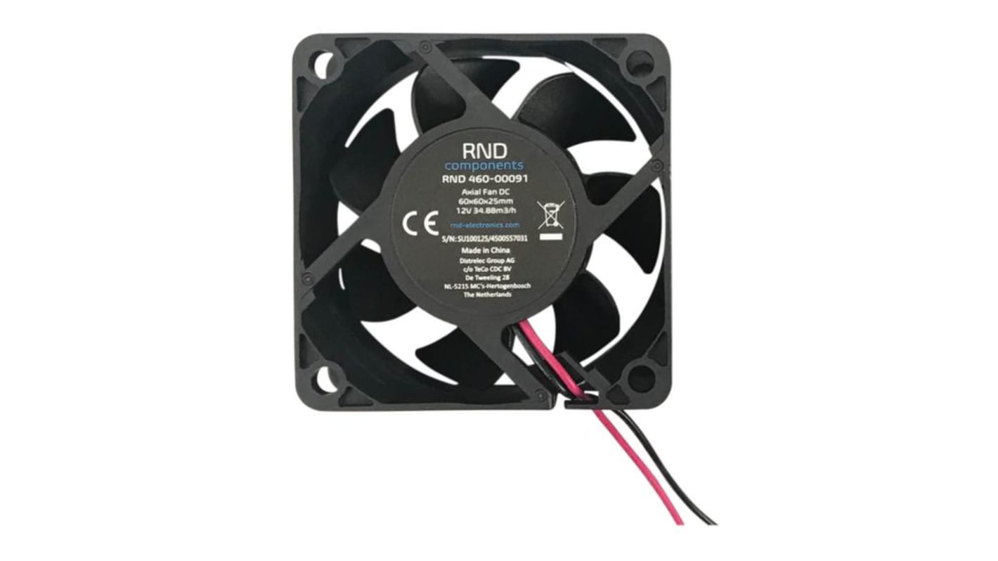 RND 460-00091 | RND Axial Fan, 12 V dc, dc Operation, 23.95cfm, 1.8W, 20mA Max, IP44, 60 x 60 x ...