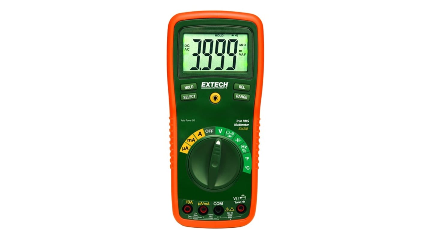 Extech EX430A Backlit LCD Multimeter, 10A ac Max, 10A dc Max, 600V ac ...