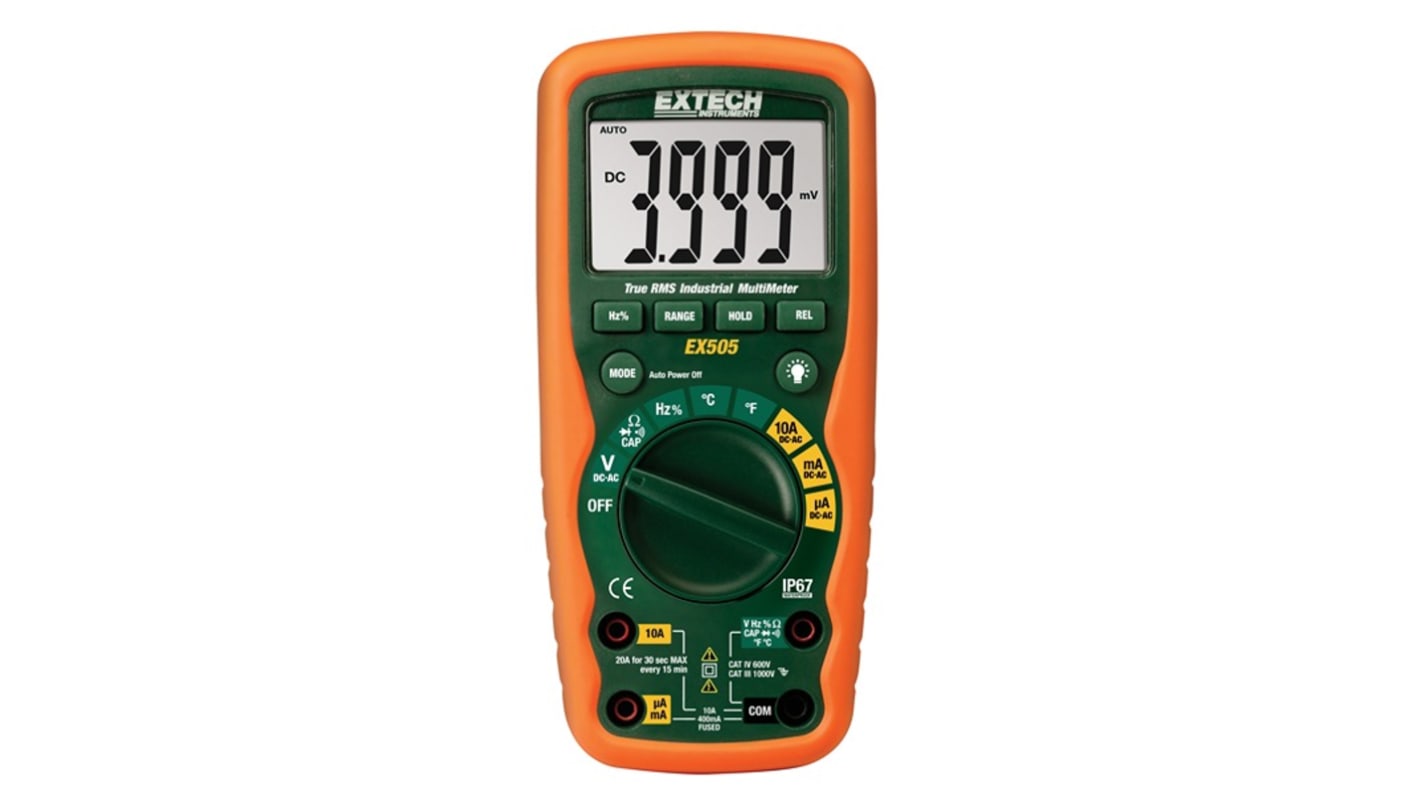 Extech EX505-NIST Backlit LCD Multimeter, 10A ac Max, 10A dc Max, 1000V ...