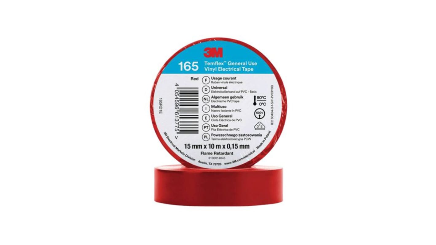 7100184730 | 3M Red PVC Electrical Tape, 15mm x 10mm | RS