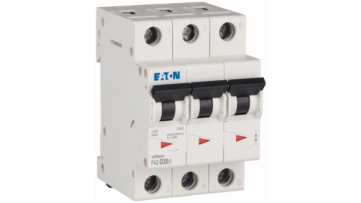 278897 FAZ-D20/3 | Eaton xEffect MCB, 3P, 20A Curve D, 240 → 415V AC, 10 kA Breaking Capacity | RS