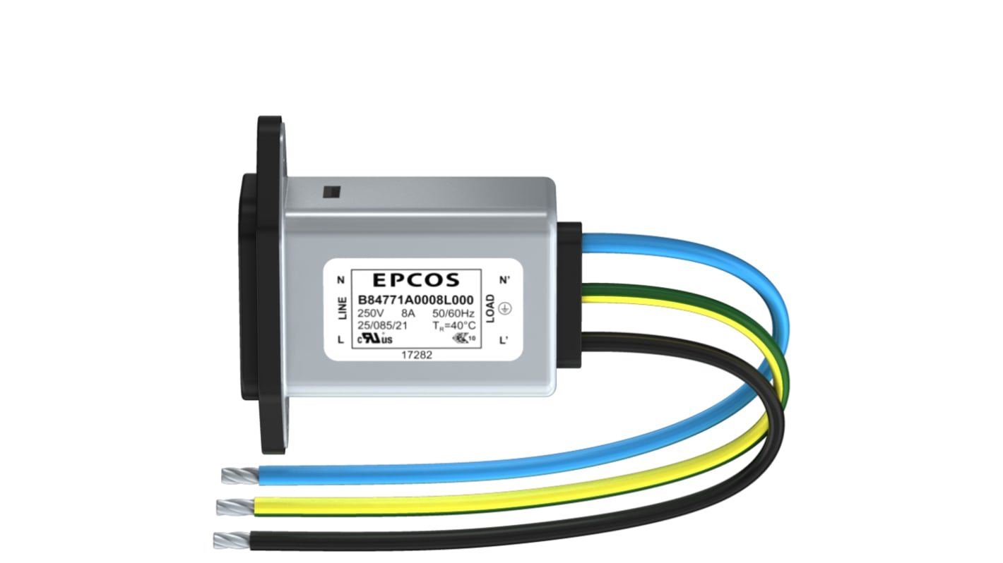 EPCOS 3A, 250 V ac/dc Male Panel Mount IEC Inlet Filter B84771A0003L000 ...