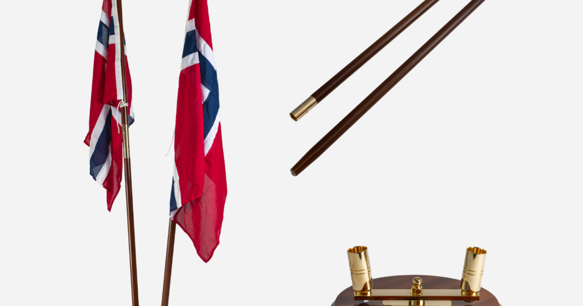 Kontorstang brun - sett med norsk flagg og to-armet fot