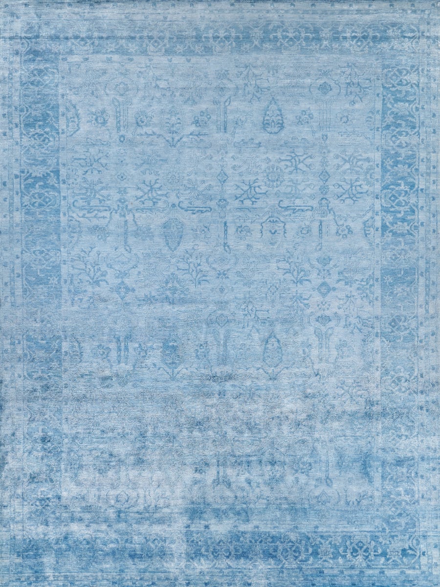 Exquisite Rugs Antique'd Silk Hand Knotted 5171 Ivory - Aqua | Rug Studio