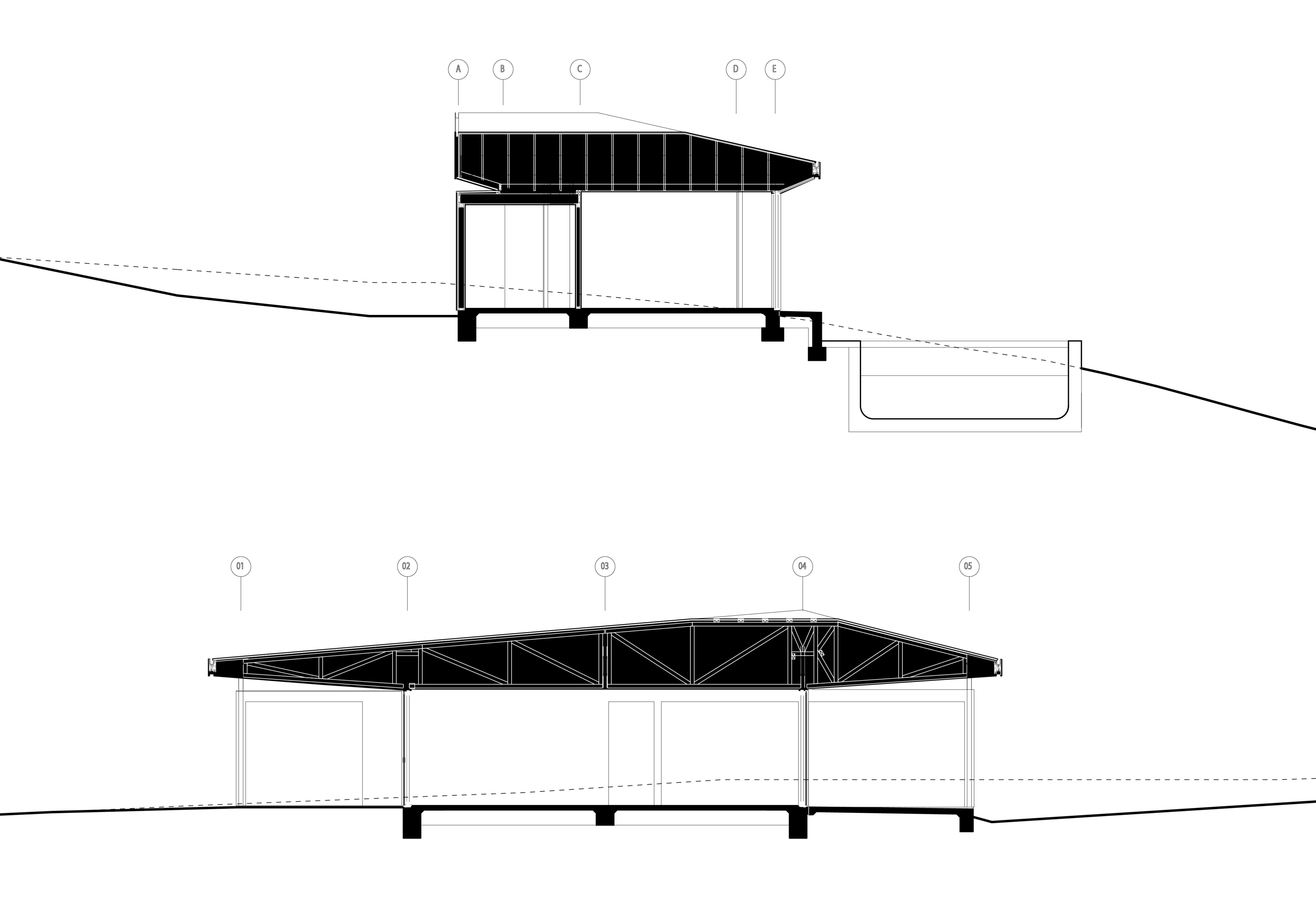 Cross sections through the structure showing the pre-manufactured roof trusses.