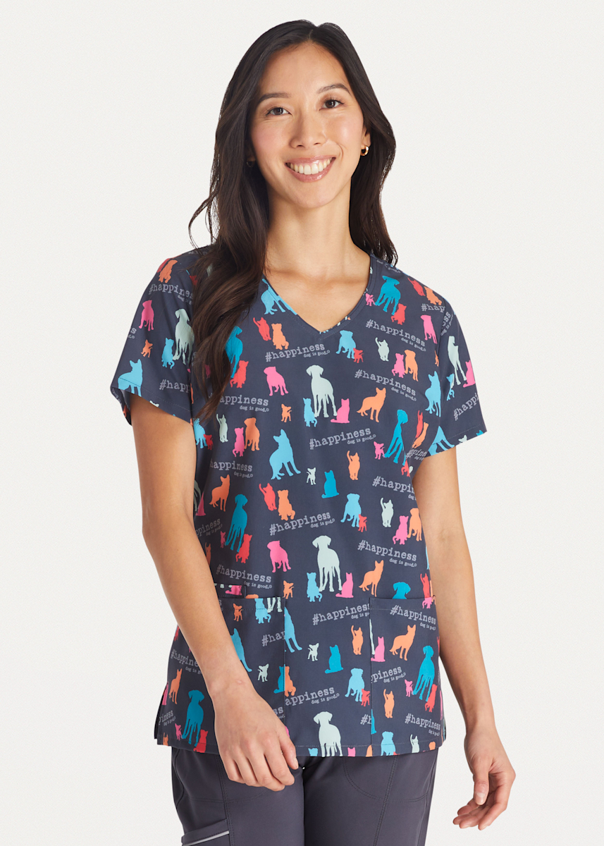 Hashtag Happiness V-Neck Print Scrub Top | Scrubs & Beyond