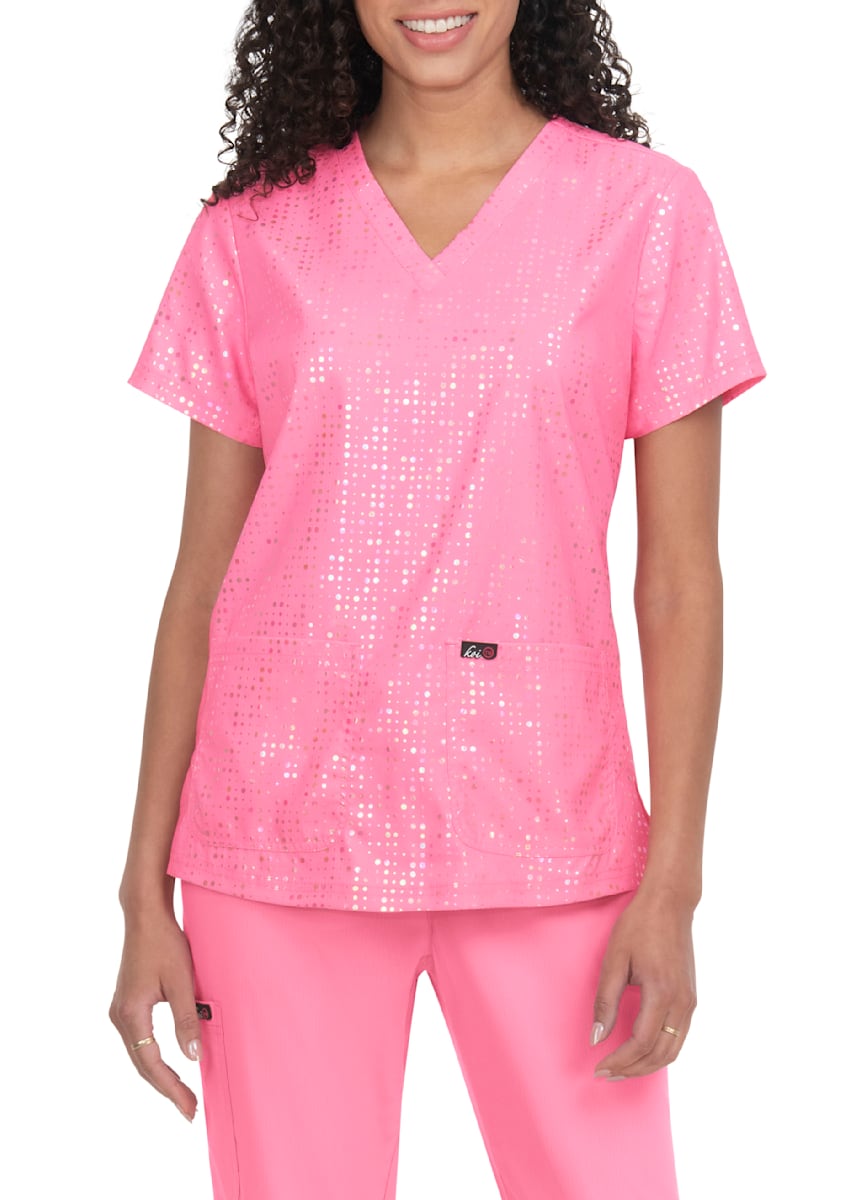 Velora Iridescent Peony Pink V-Neck Print Scrub Top | Scrubs & Beyond