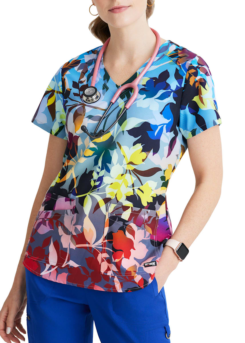 Autumn Luster V-Neck Print Top | Scrubs & Beyond