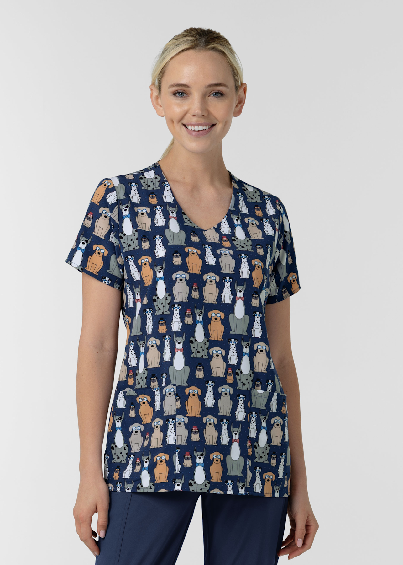 Wink Wink Buster and Tiny Navy V-Neck Print Scrub Top | Scrubs & Beyond