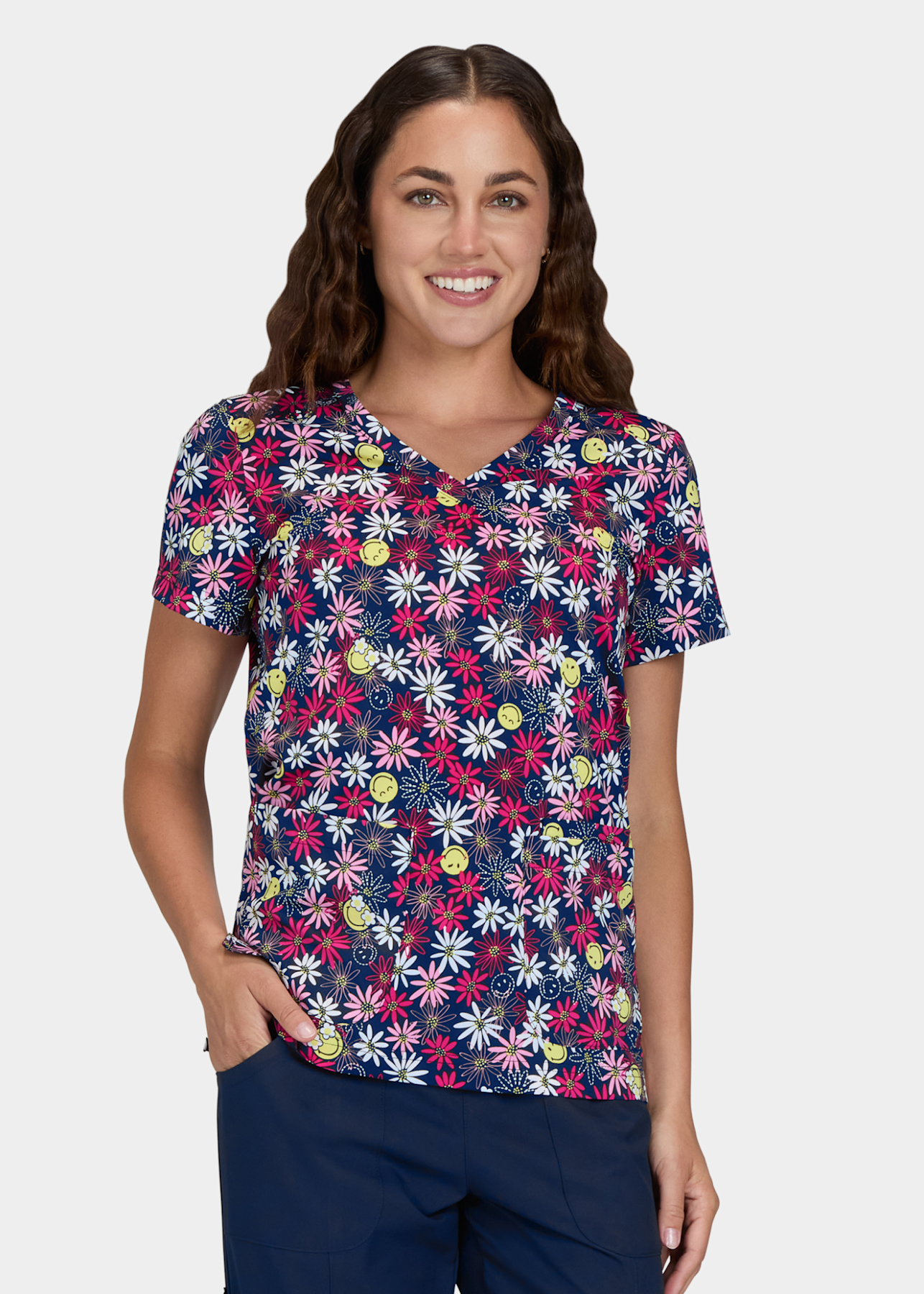 Smiley World Koi Smiley World Adoring Smile Daisy V-Neck Print Scrub ...